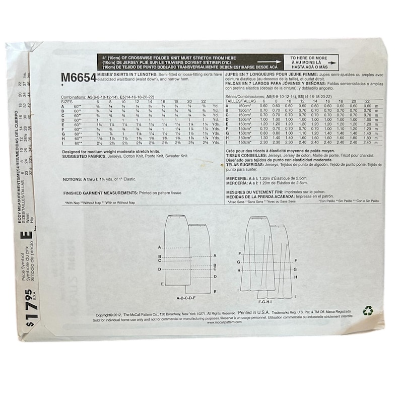 Women’s Knit Skirts Sewing Pattern, 2012 Mccall's M6654, Size 6 8 10 12 ...