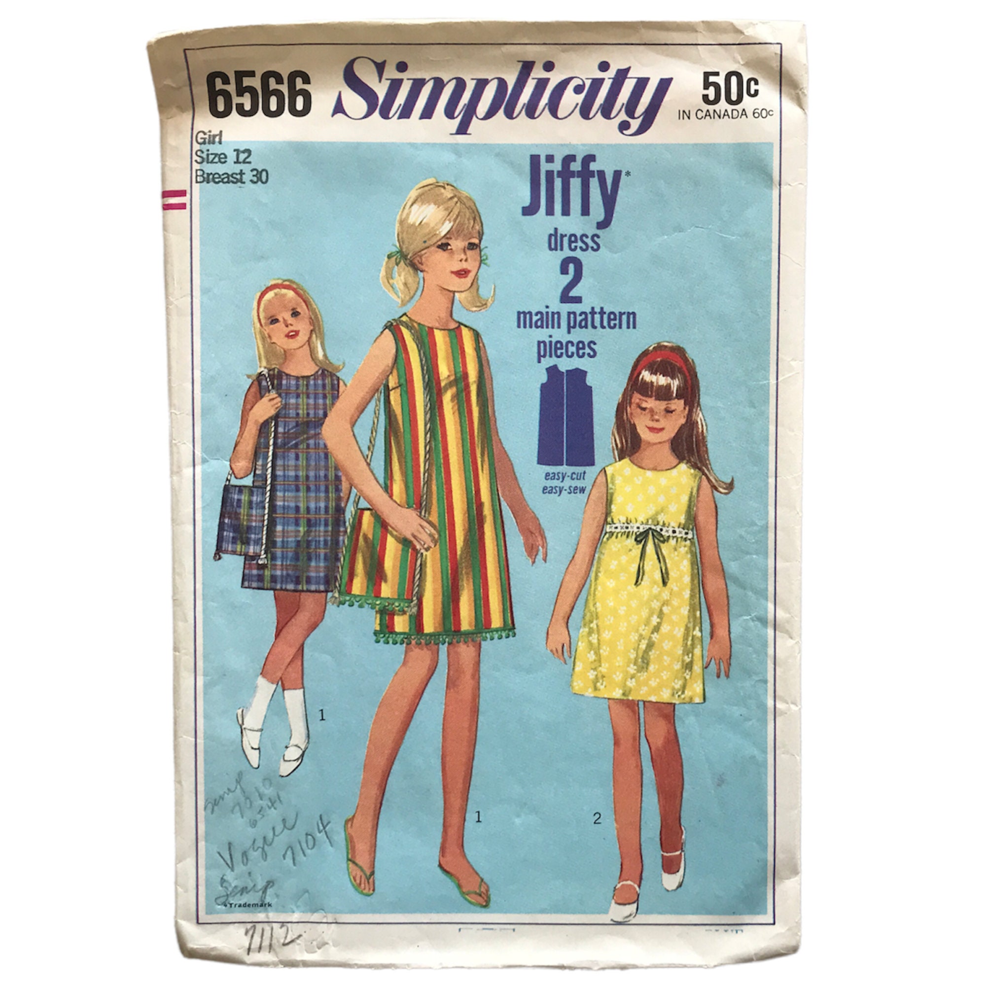 Vintage 1966 Girl's One-piece Dress Sewing Patterns, Simplicity 6566 ...