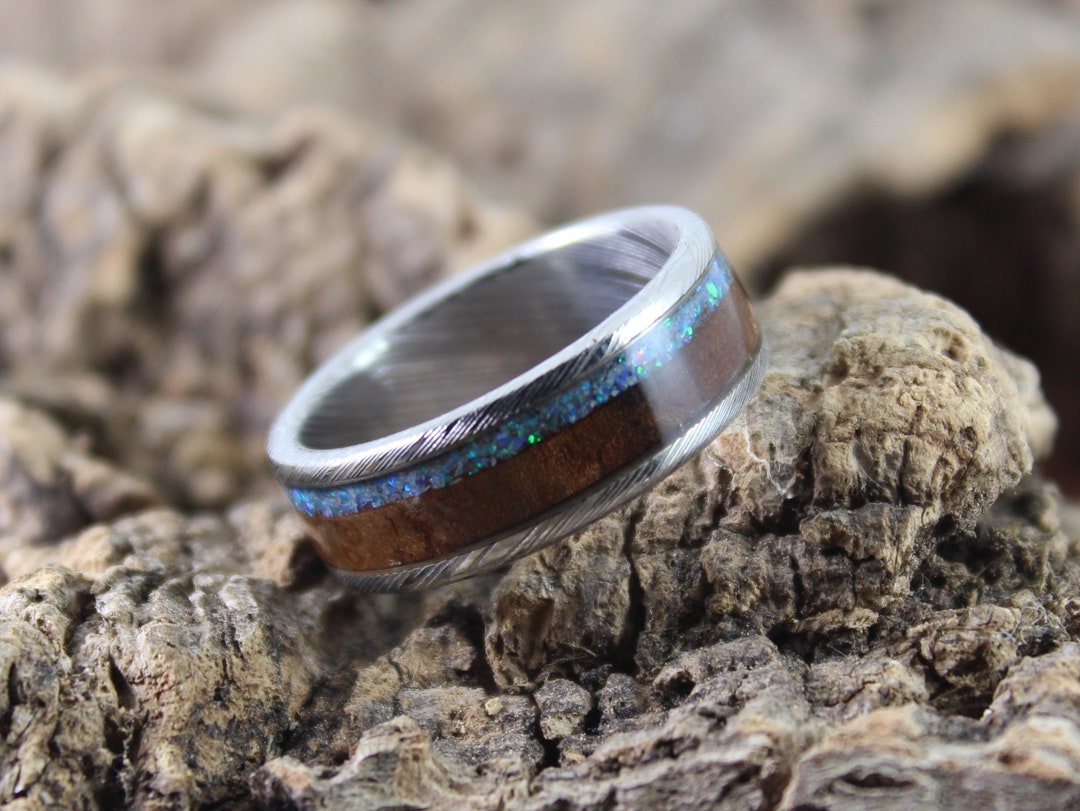 Damascus Walnut Ring With Blue Opal Inlay - Mens Wedding Band ...