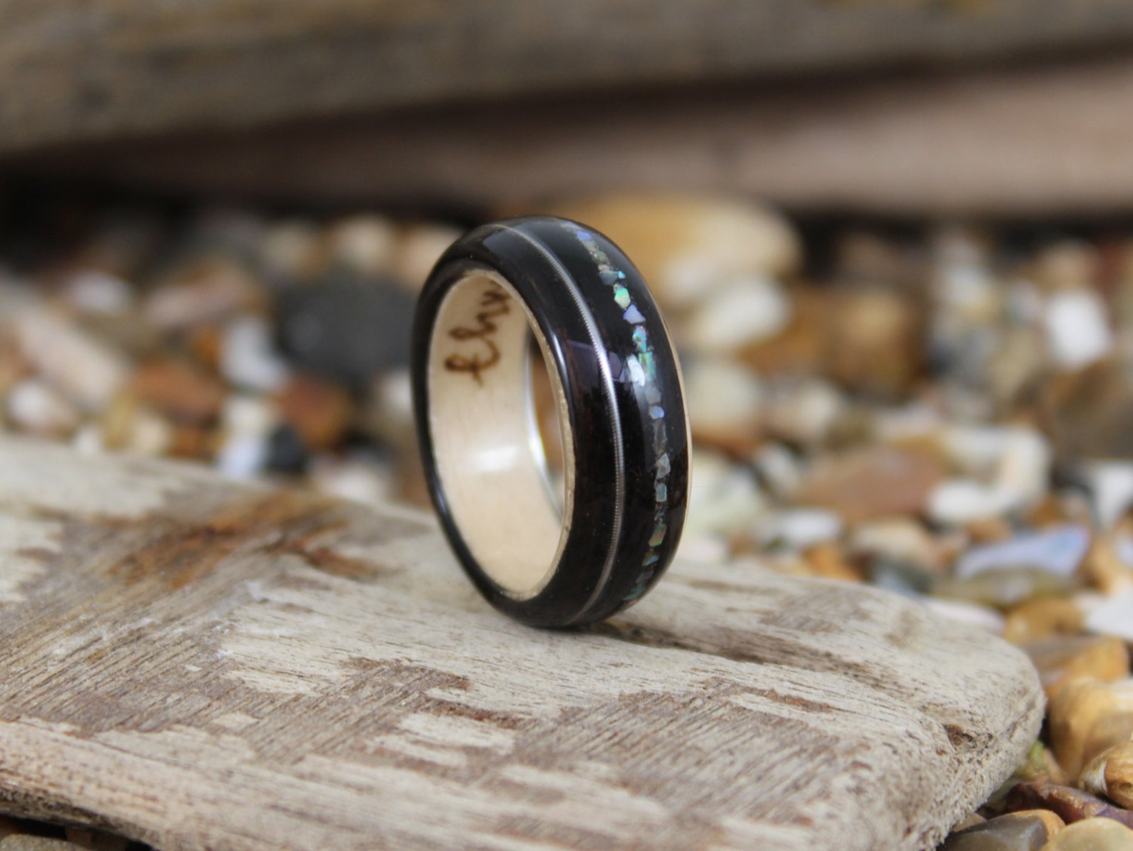 Tulip & Maple Wood Ring With Abalone Guitar String Wooden - Etsy