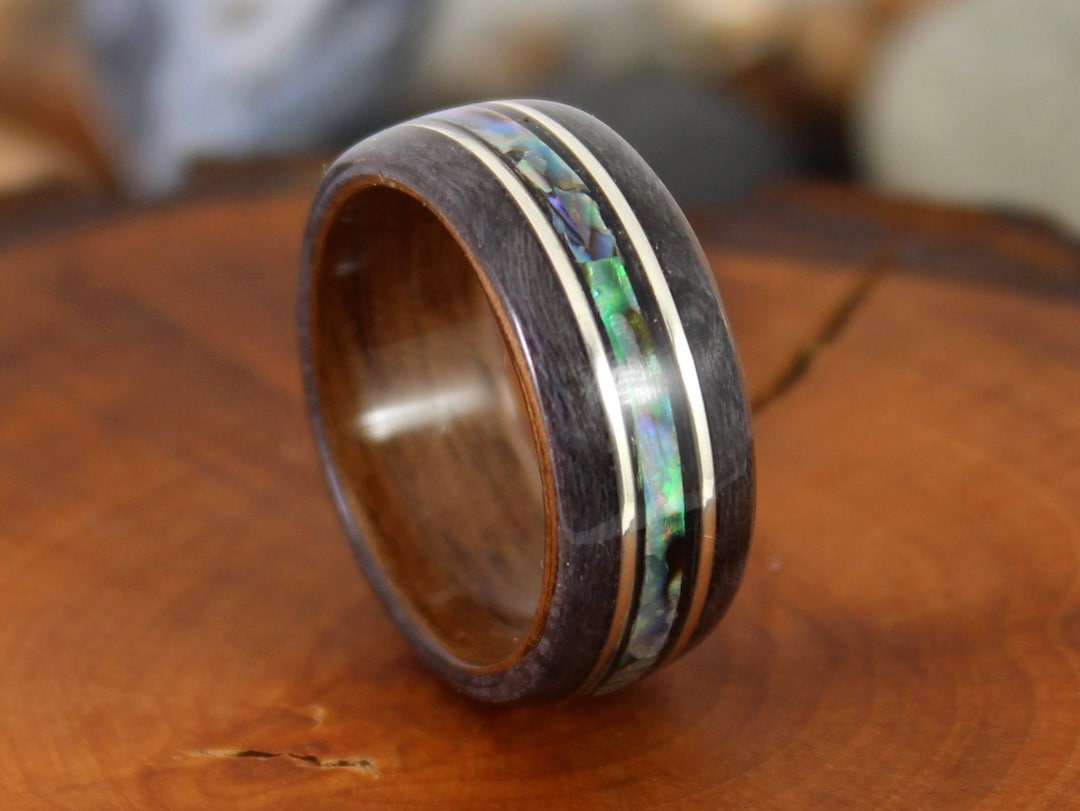 Walnut & Grey Maple Wood Ring With Silver and Abalone Mens Wood Ring ...