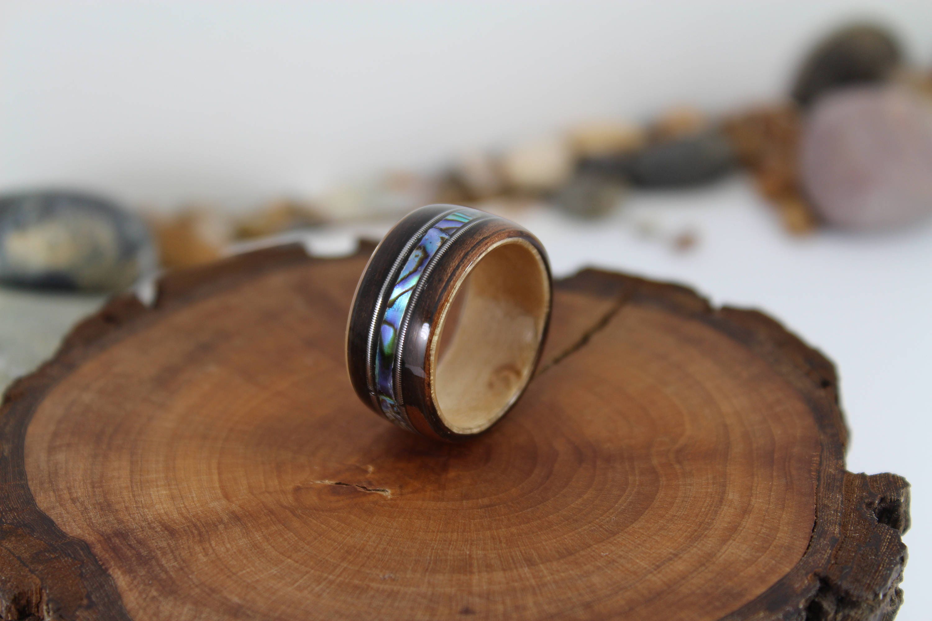 Ebony & Maple Wood Ring With Abalone Guitar Strings Wooden | Etsy
