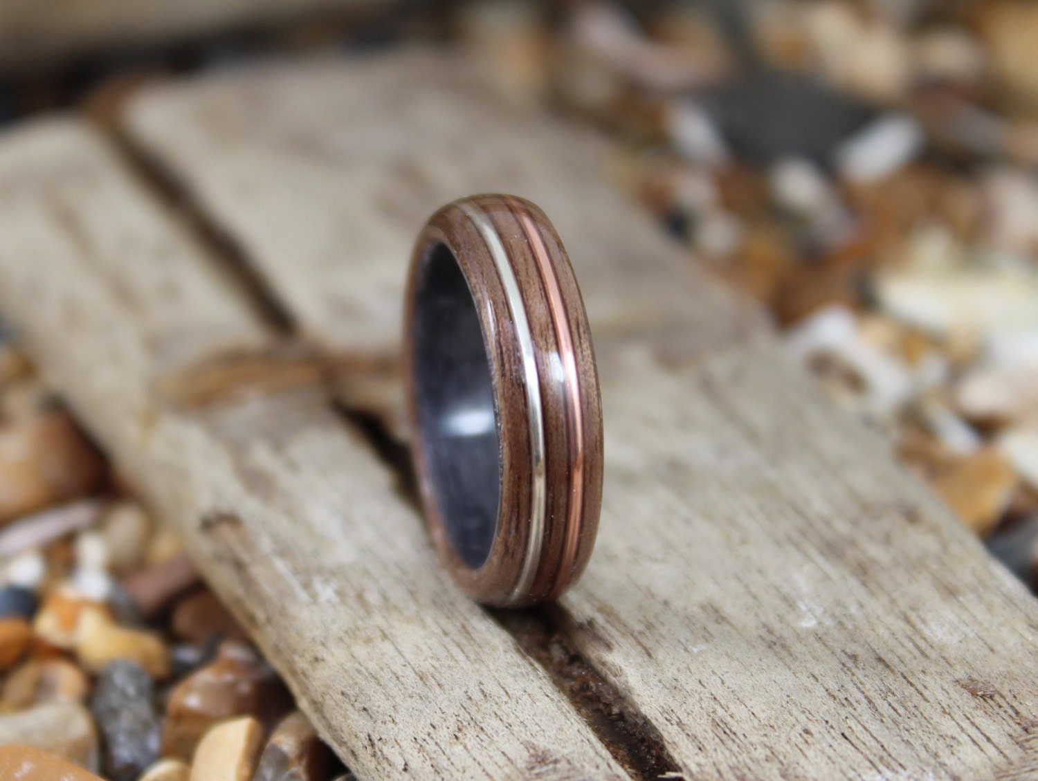 Grey Maple & Walnut Wood Ring With Copper and Silver, Mens Wood Ring ...