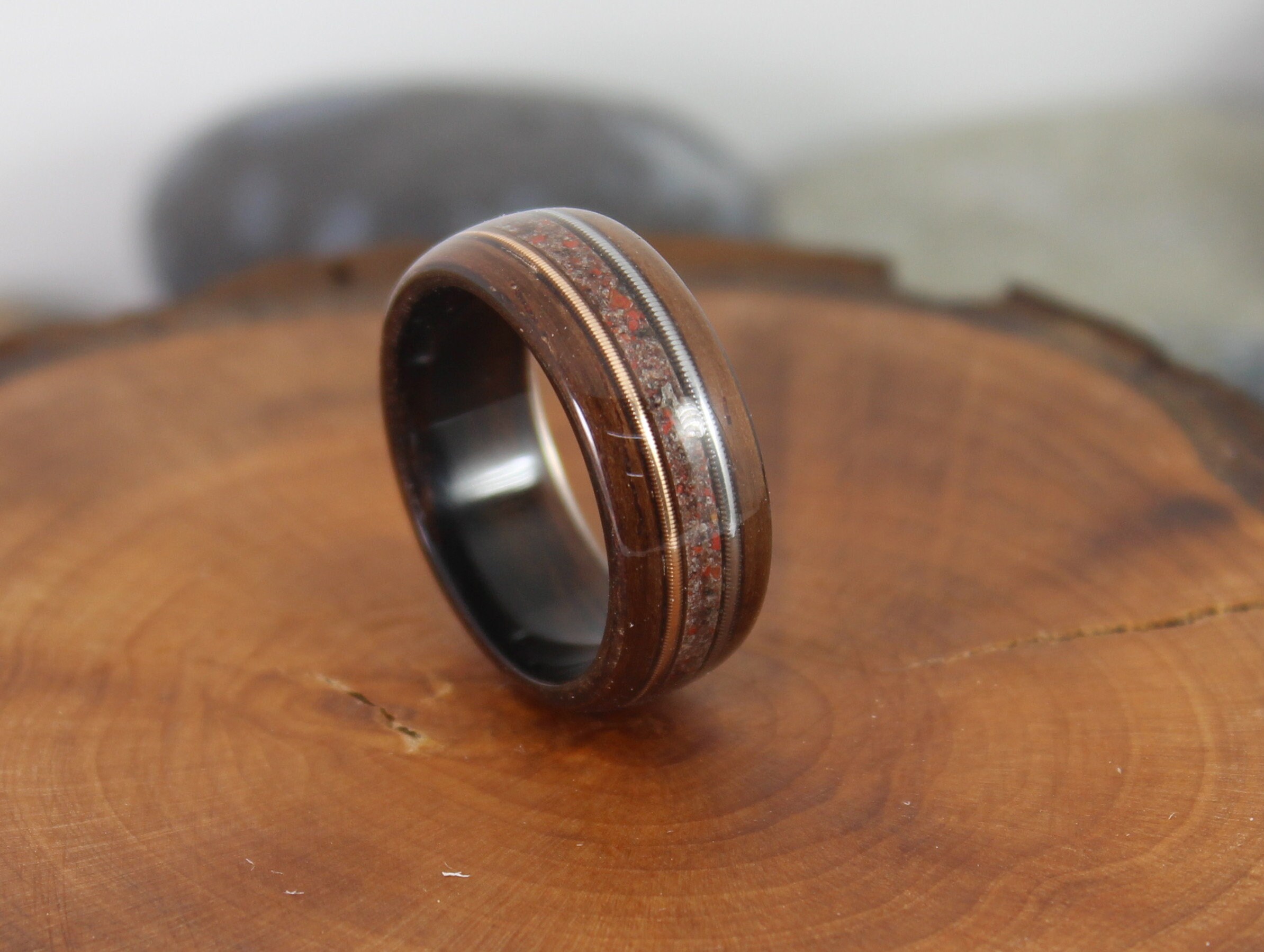 Wooden Ring With Dinosaur Bone and Guitar Strings Bentwood Rings ...