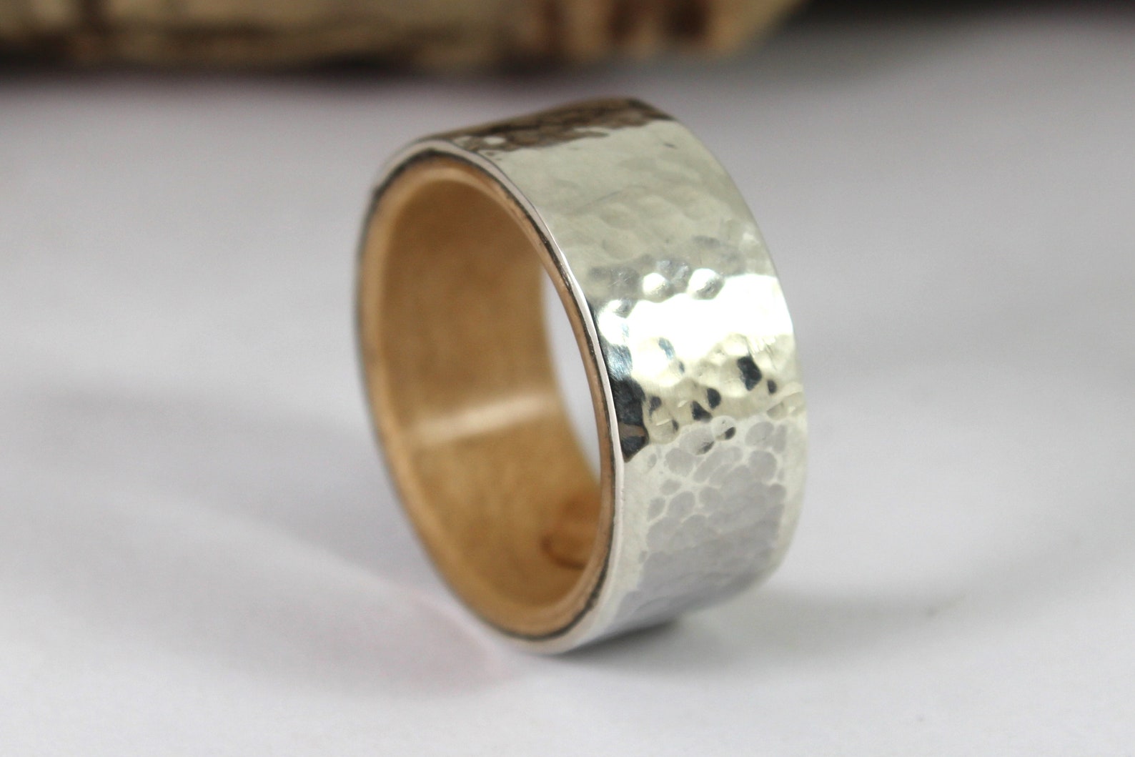 Hammered Sterling Silver Ring With Wood Inside and an Optional | Etsy