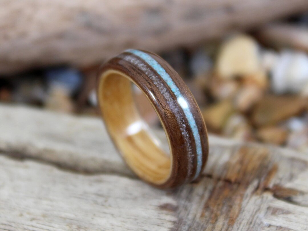 Walnut & Oak Wood Ring With Sand and Turquoise, Mens Wood Ring, Womens ...