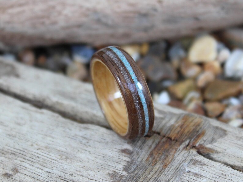 Walnut & Oak Wood Ring With Sand and Turquoise, Mens Wood Ring, Womens ...