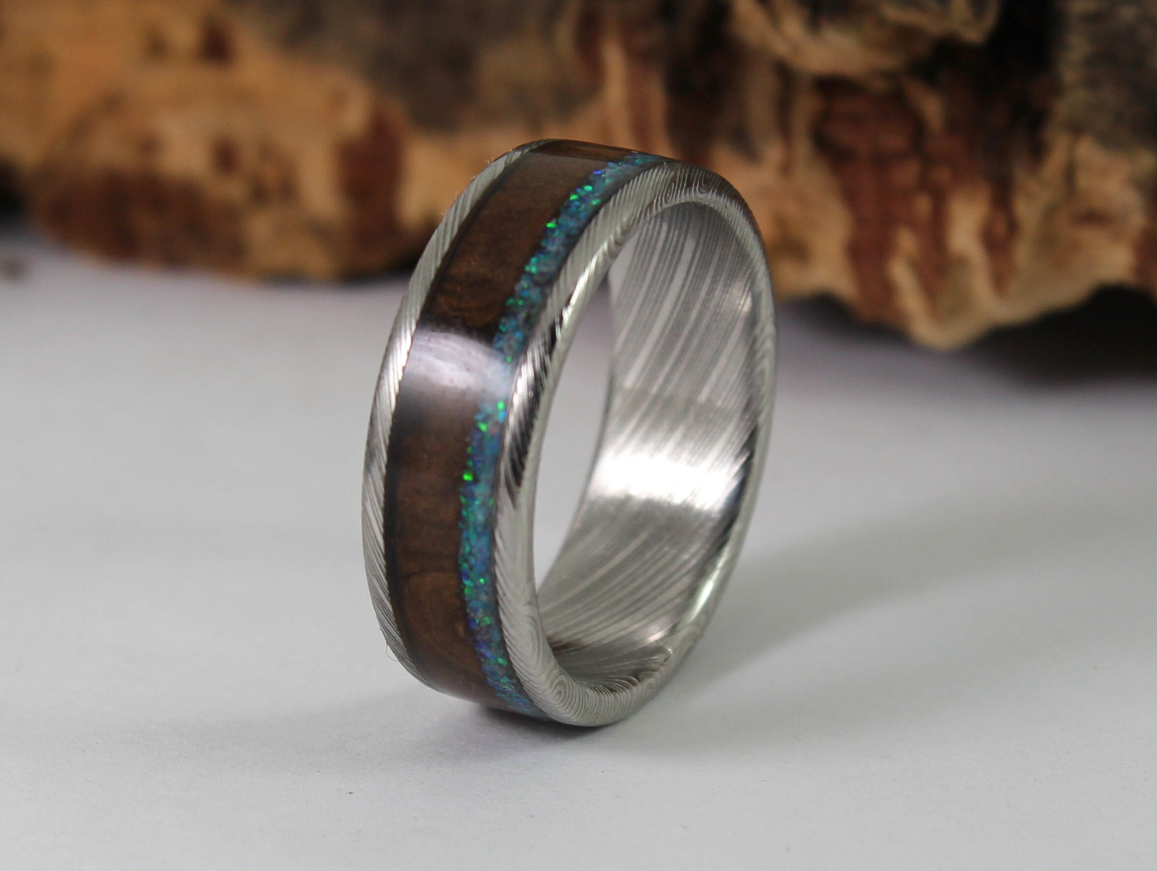 Damascus Walnut Ring With Blue Opal Inlay - Mens Wedding Band ...