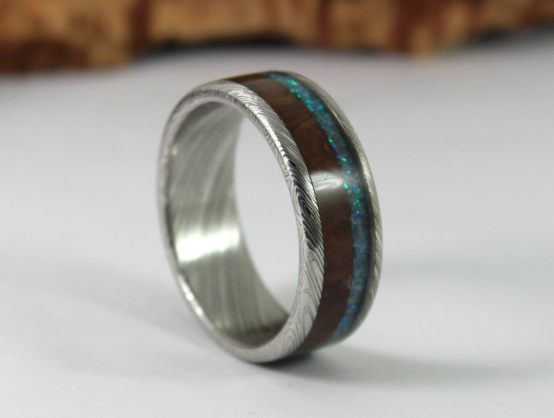 Damascus Walnut Ring With Blue Opal Inlay - Mens Wedding Band ...
