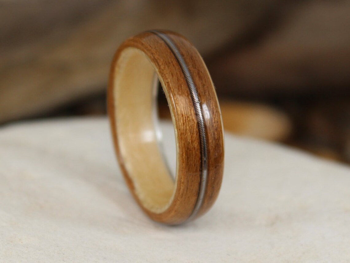 Cherry and Sycamore Bent Wood Ring With a Guitar String Inlay Band ...