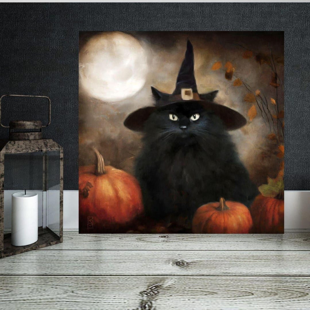 Halloween Wall Art, Cute Black Cat Halloween Art Print - Etsy