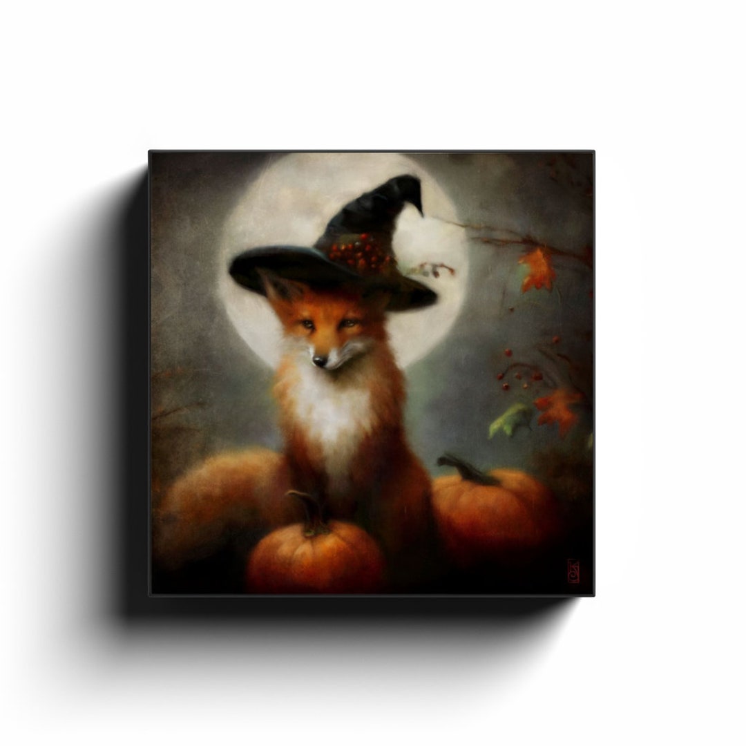 Whimsical Halloween Fox Art Print in A Forest With Pumpkins in - Etsy