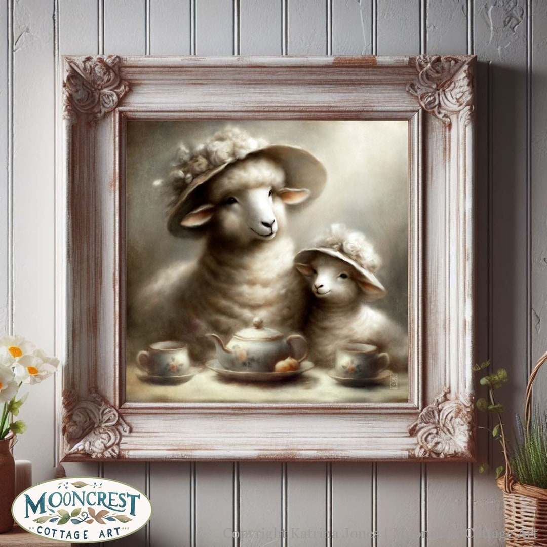 Sheep Tea Party Art Print, Mother Sheep and Baby Lamb Painting, French ...