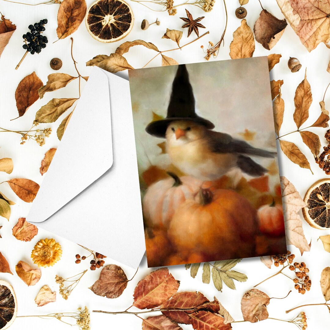 Whimsical Fall Finch Halloween Bird With Witch Hat and Pumpkins Blank ...