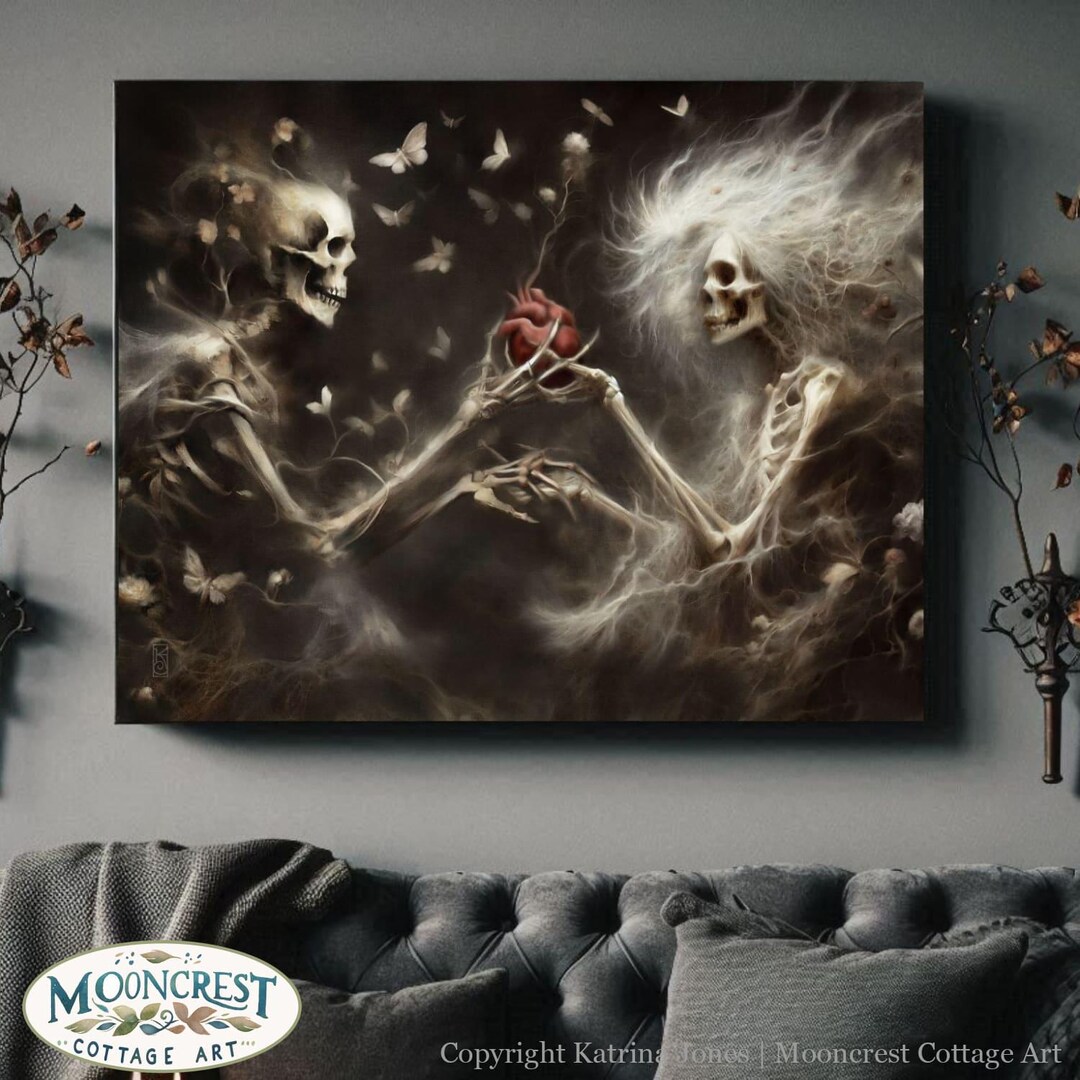 Skeleton Couple Art Print, Skeleton Love Painting, Halloween Skeleton ...