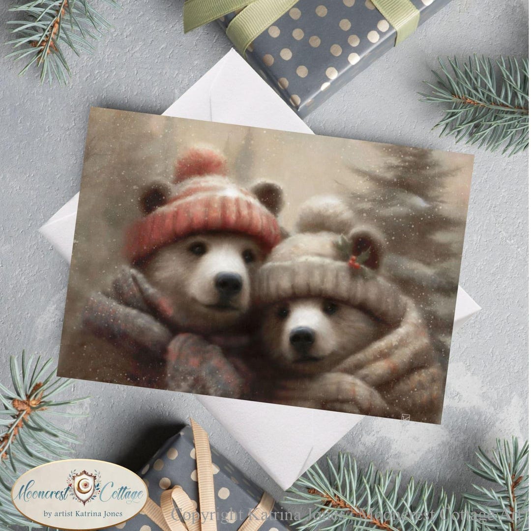 Winter Nature Wildlife Blank Greeting Cards - Cute Bear Pair Painting ...
