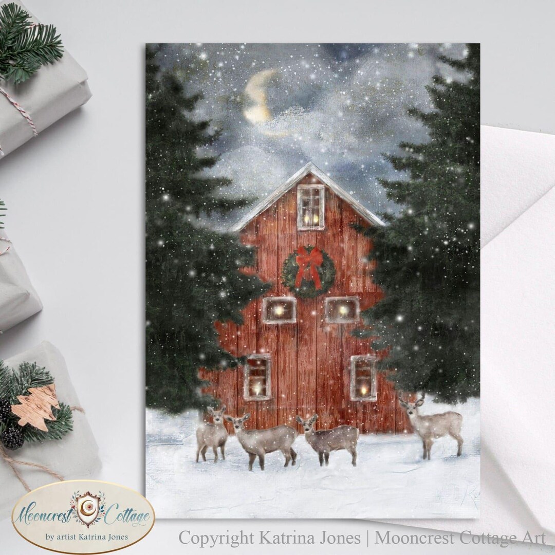 Country Christmas Card - Winter Red Barn Nature Landscape Notecards ...