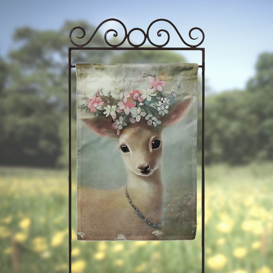 Sweet Deer With Flowers Yard Flag Quaint Country Cottage Woodland Deer ...