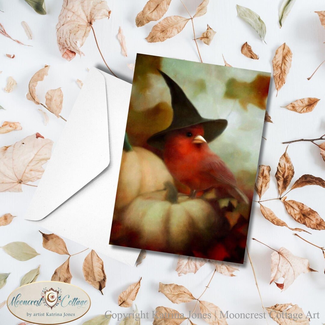 Whimsical Fall Cardinal Halloween Bird With Witch Hat and Pumpkins ...