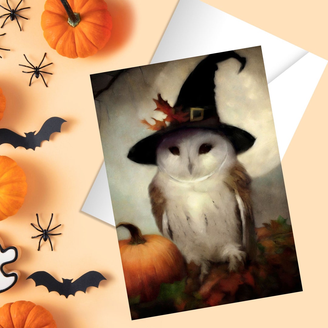 Halloween Witch Owl Blank Greeting Card Cute Country Woodland Animal ...