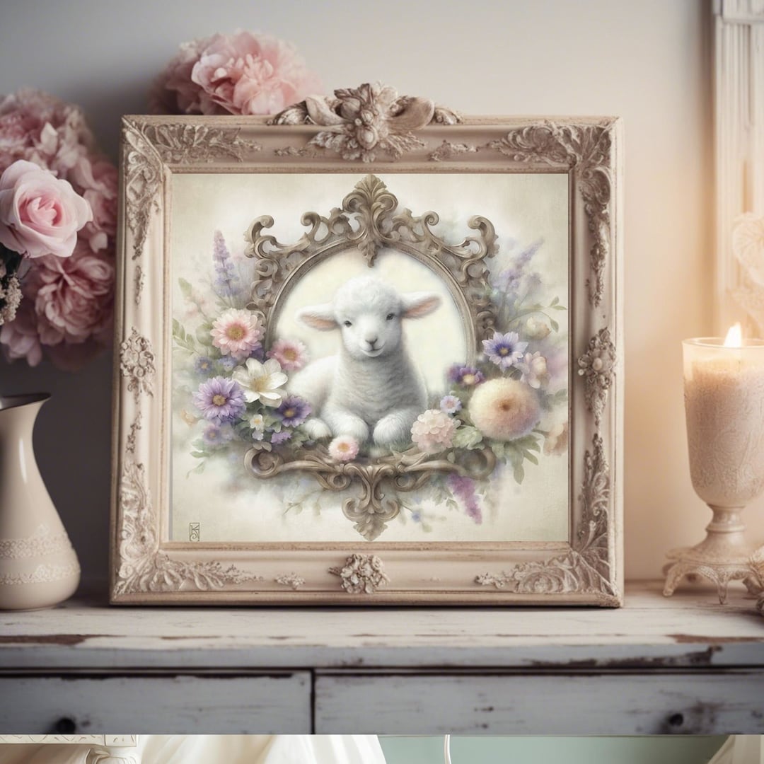 Spring French Country Cottage Wall Art, Lamb and Flowers Painting ...