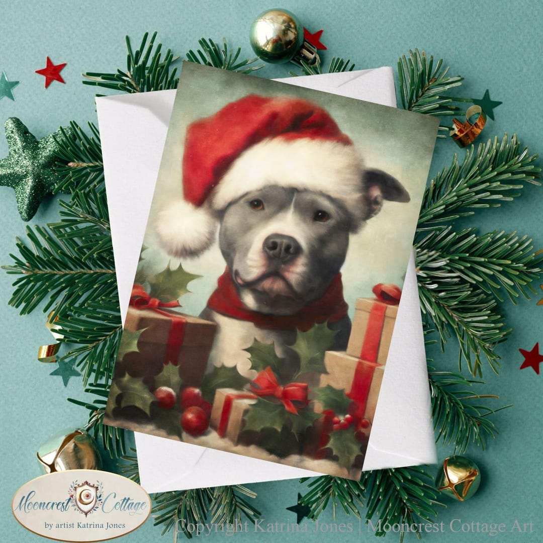 Christmas Santa Pit Bull Terrier Puppy Greeting Cards - French Country ...