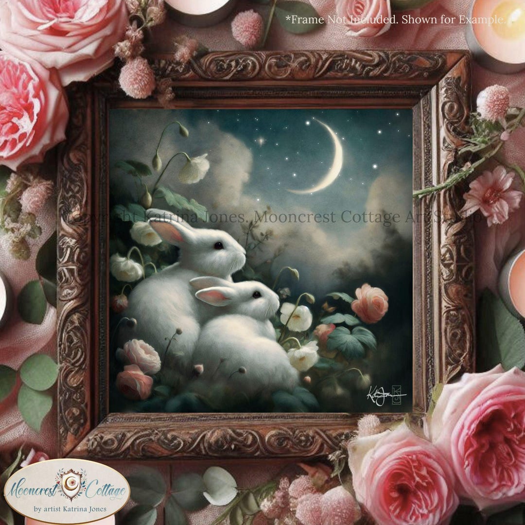 Moon Meadow Rabbits Signed Art Print - Whimsical Rabbit Painting - Etsy