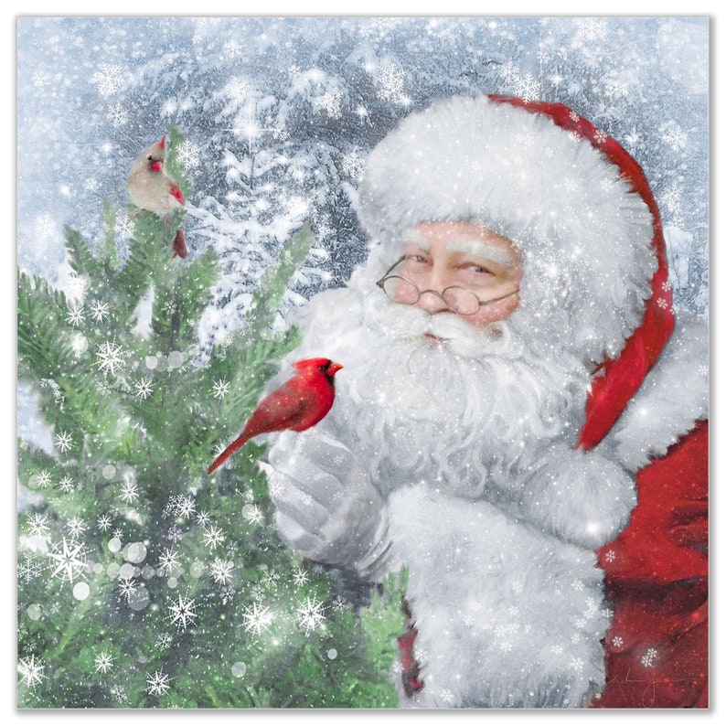 Santa Claus and Cardinal Bird Art Print Christmas Traditional - Etsy