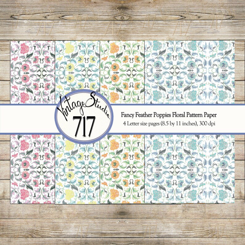 Beautiful Floral Paper, Fancy Feather Poppies Vintage Style, Digital ...