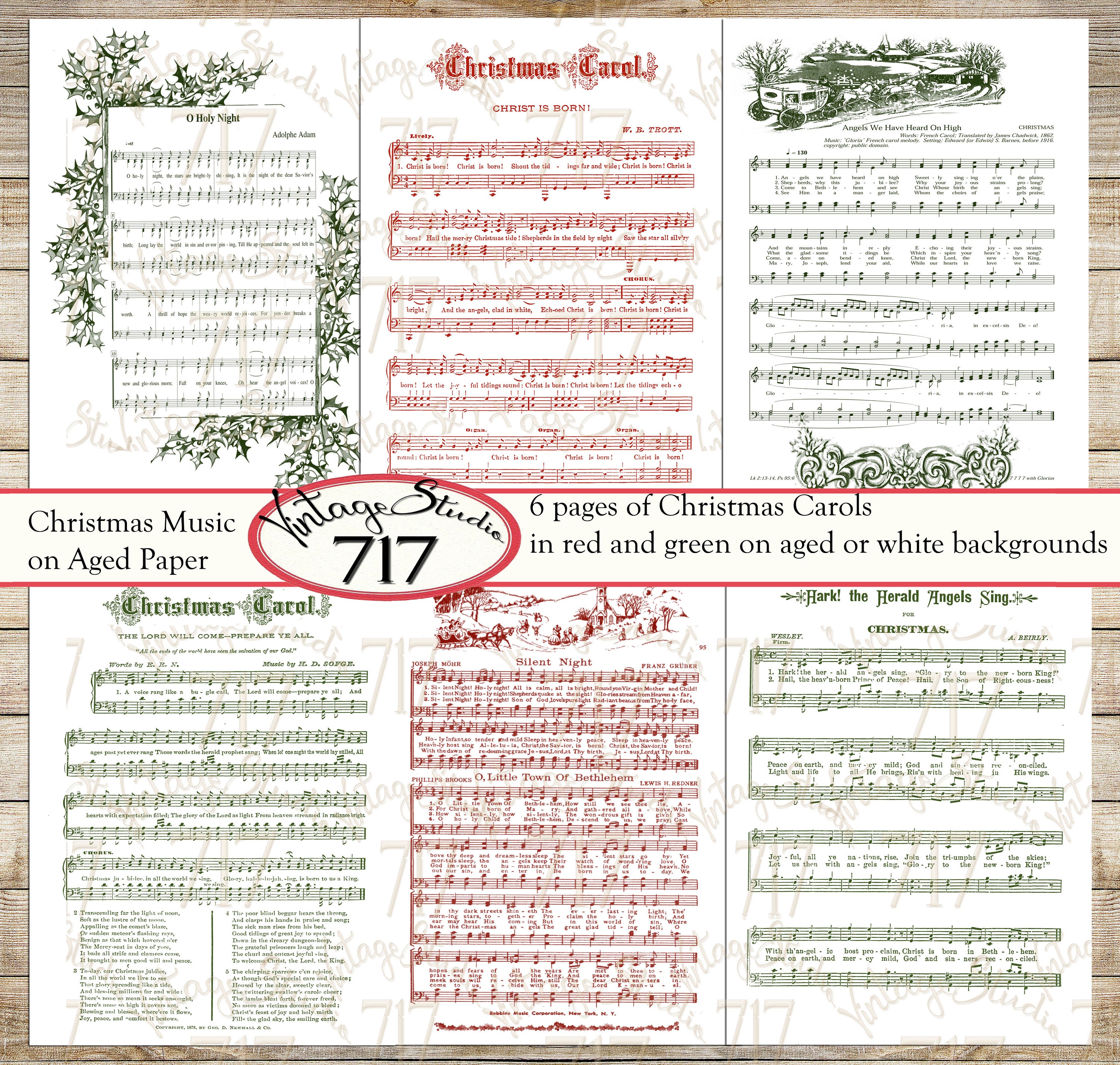 DIGITAL Christmas Music Paper Sheets on Aged or White Background in Red ...