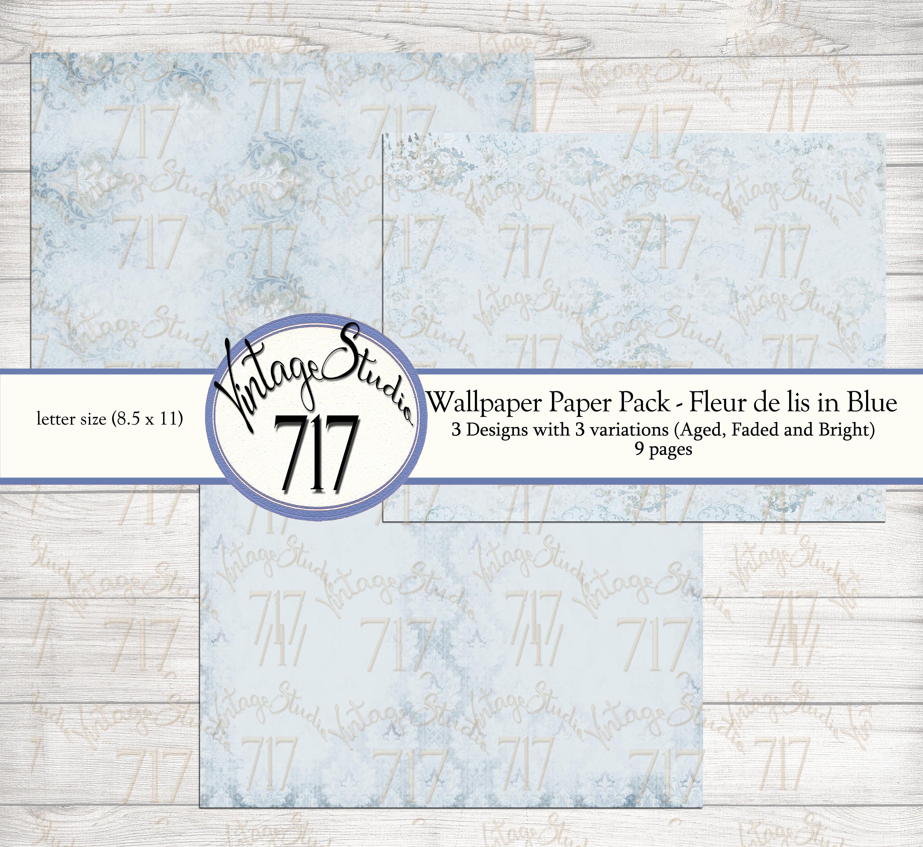 Vintage Wallpaper Pack - Fleur De Lis in Blue, DIGITAL, Printable Paper ...