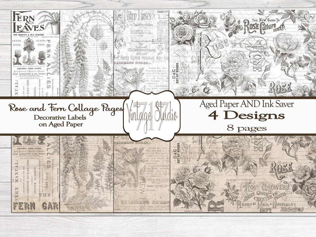 Rose and Fern Collage Paper Pack DIGITAL Ink Saver Print at Home - Etsy
