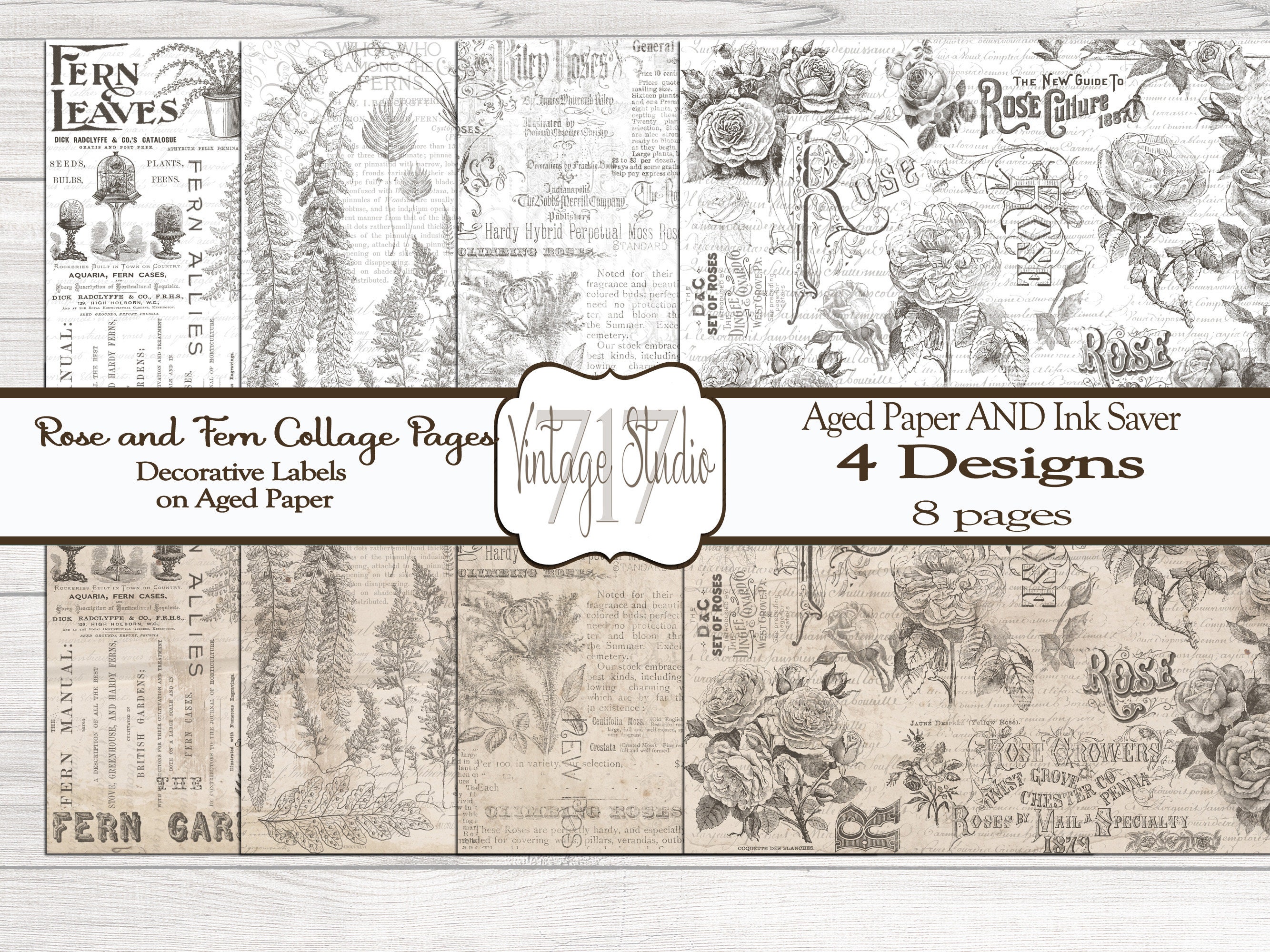 Rose and Fern Collage Paper Pack DIGITAL Ink Saver Print at Home - Etsy