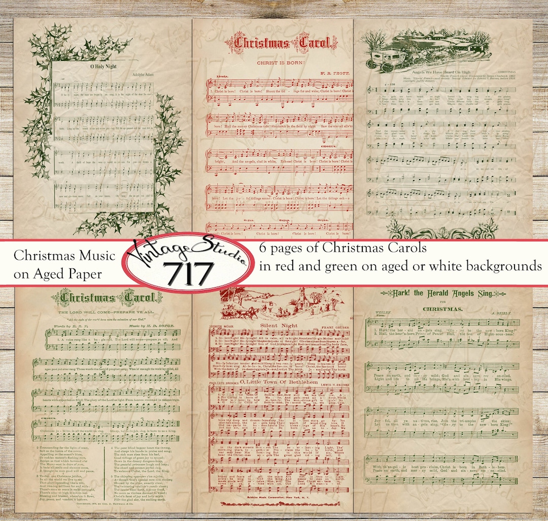 DIGITAL Christmas Music Paper Sheets on Aged or White Background in Red ...
