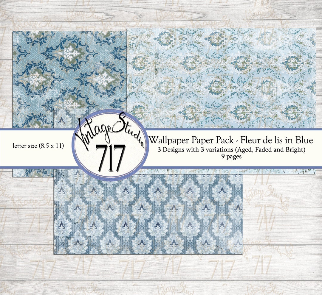 Vintage Wallpaper Pack - Fleur De Lis in Blue, DIGITAL, Printable Paper ...