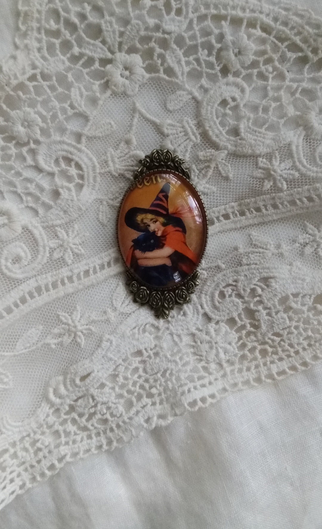 Victorian Witch & Cat Brooch, Practical Magick-ally, Halloween or ...