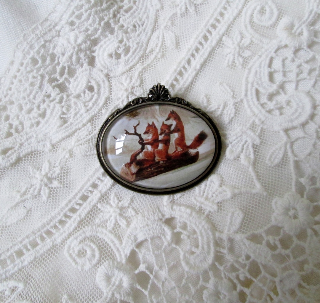 Sledding Foxes Brooch: Victorian Winter Art, Bronze Tone Setting, Fine ...