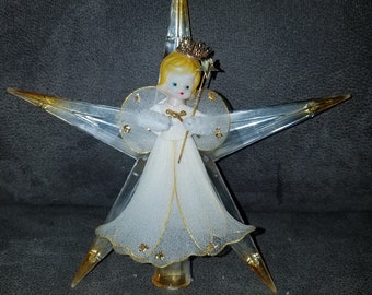 1950s Spun Glass, Angel Tree Topper W/ Gold Foil Wings, Stars, Angel ...
