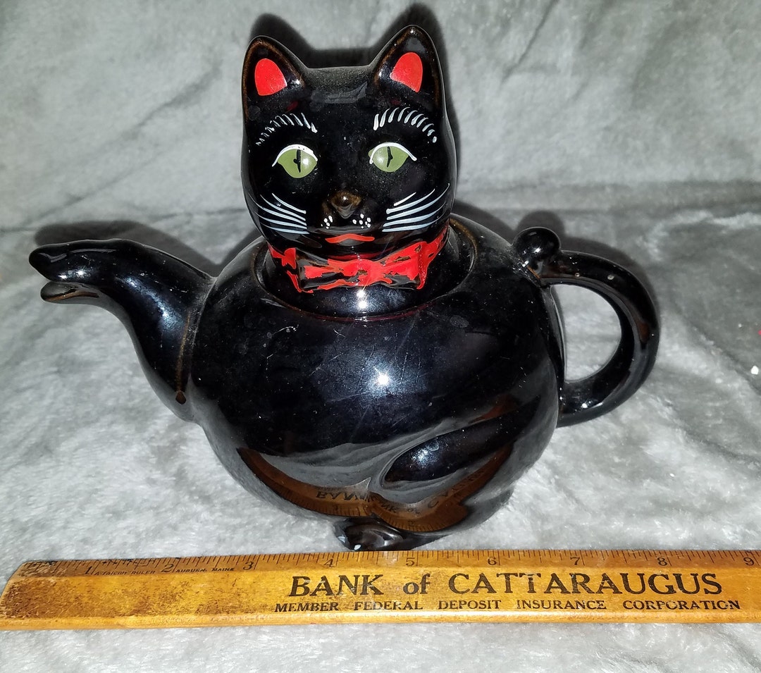 Shafford Redware Black Cat Teapot - Etsy