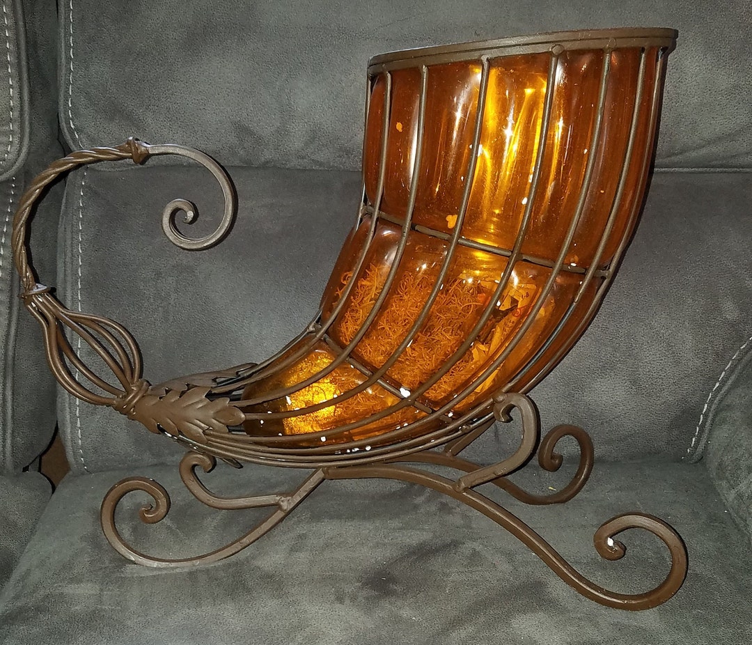 Vintage Amber Glass and Wrought Iron Horn of Plenty Cornucopia Bread ...
