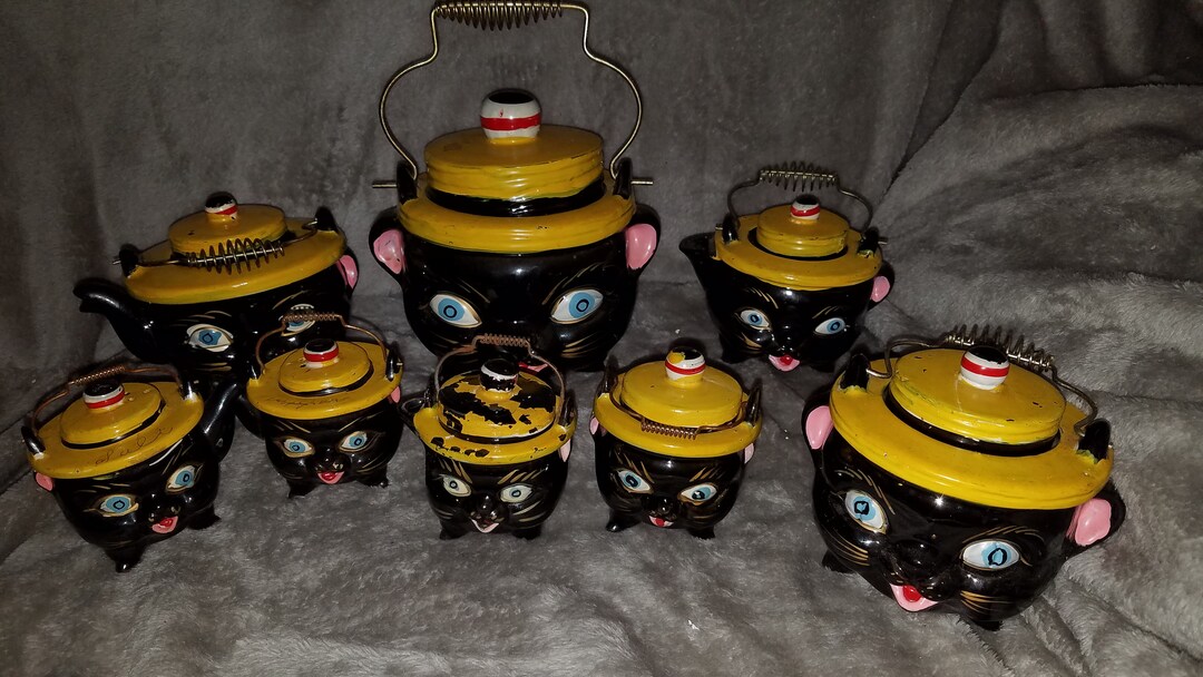 Norcrest Wire Handle Americana Redware Black Cat Teapot 16 Pc. Set - Etsy