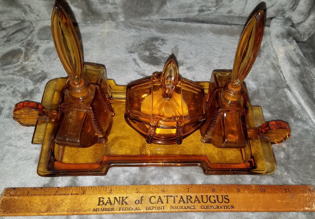 Vintage Glass Amber Vanity Set - Etsy