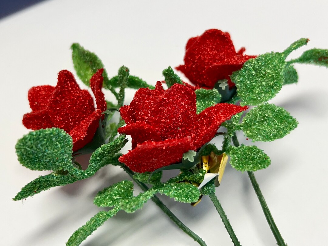 3 Plastic Red Rose 7 Stems Glitter Flocked Look Vintage Napcoware Made ...