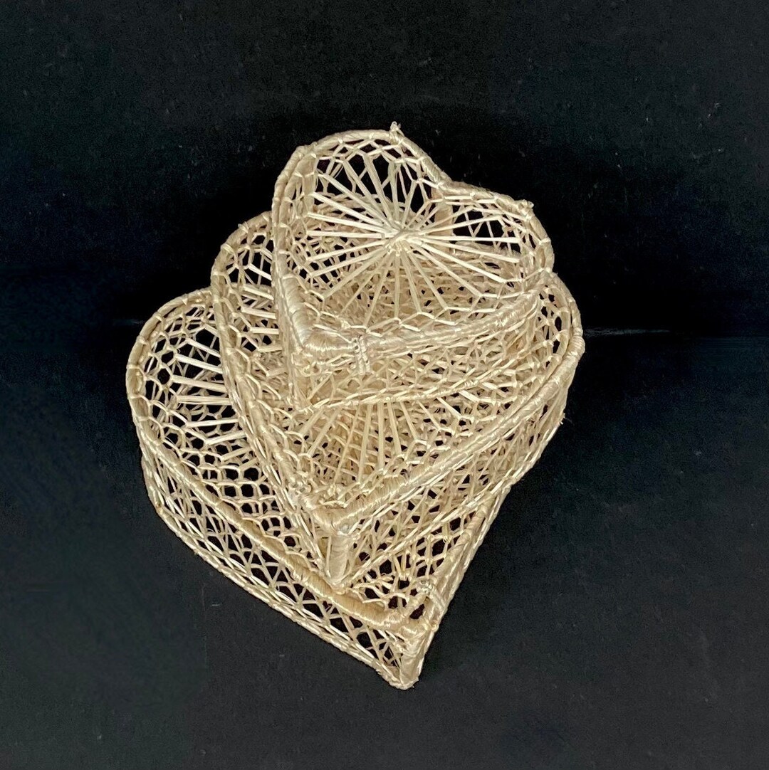 3 Heart Shaped Open Weave Abaca Boxes - Woven Raffia Natural Fibre ...