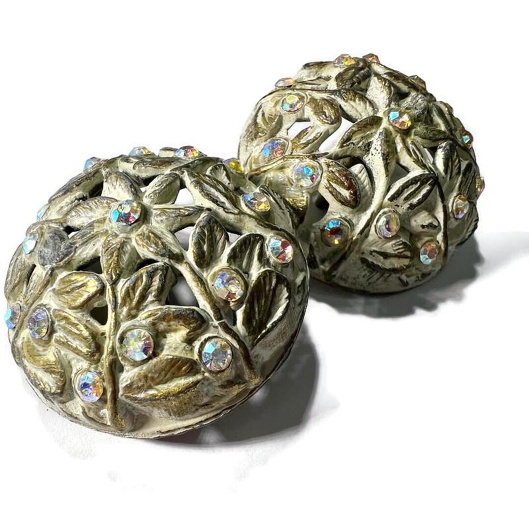 Vintage Pierced Metal Dome Buttons: Aurora Borealis Rhinestones, 37mm ...