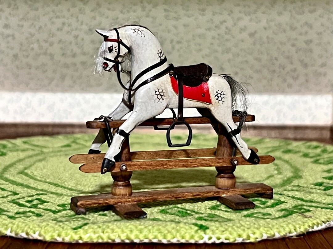 Miniature Hand Carved Rocking/gliding Horse Dollhouse Nursery Doll Toy ...
