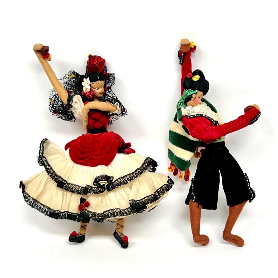 Pair of Vintage Flamenco Dancing Folk Art Dolls - Handmade in Spain - Traditional Clothing ...