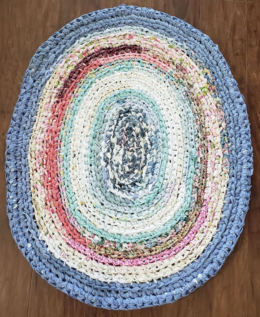 Crochet Primitive Rag Rug Light Multi Color Oval of Blue and Pink - Etsy