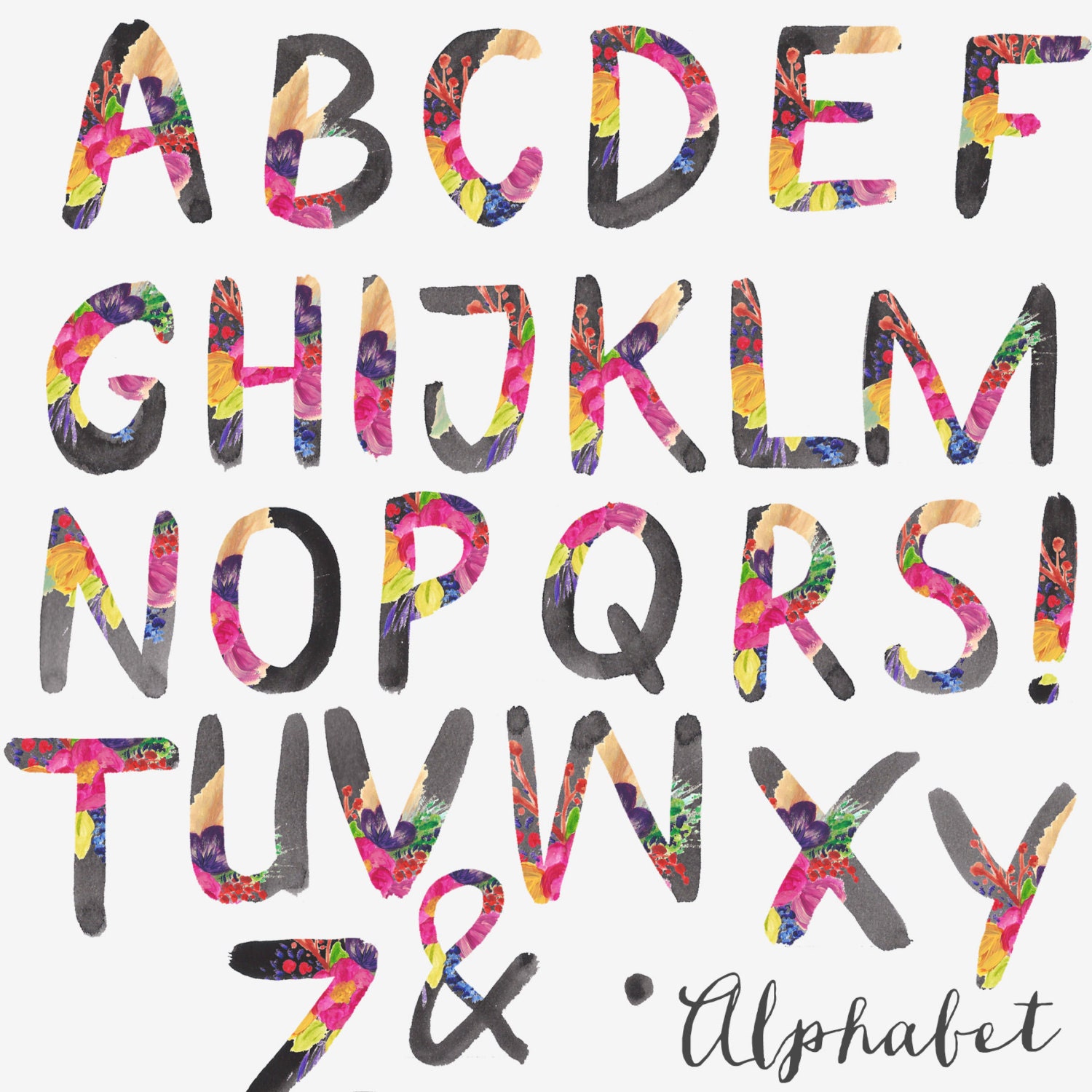 Joy Alphabet Hand-painted Flower Clip Art Sunflower Rose | Etsy