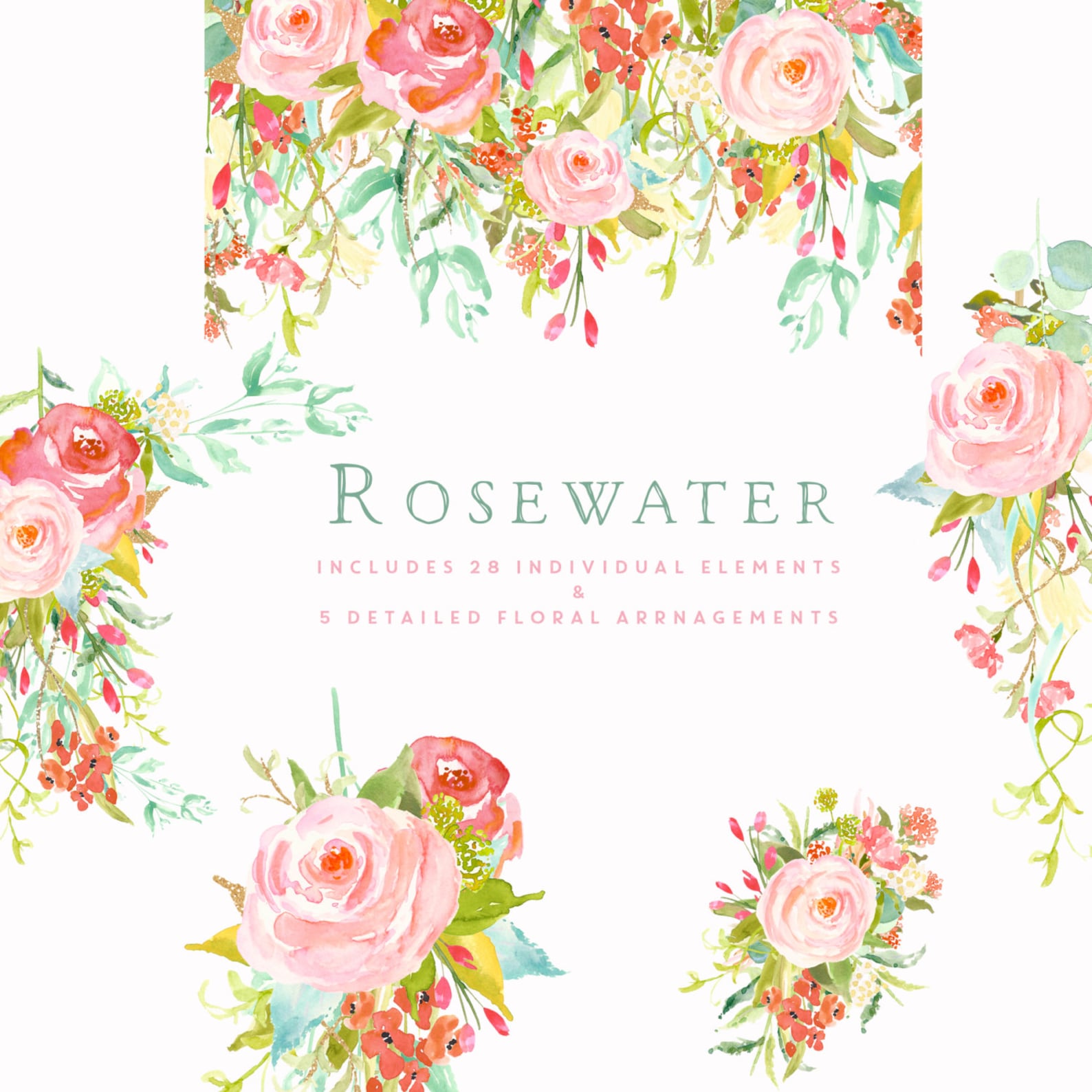 Rosewater Watercolour Flower Clip Art Collection | Etsy